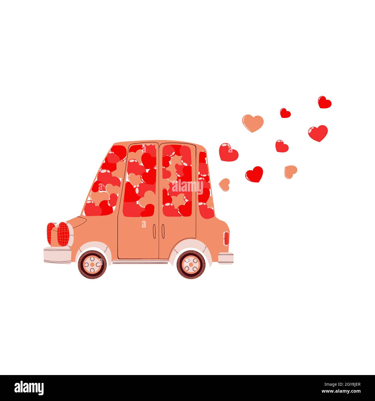 Vector hand drawn illustration of cute car with pink and red hearts for ...