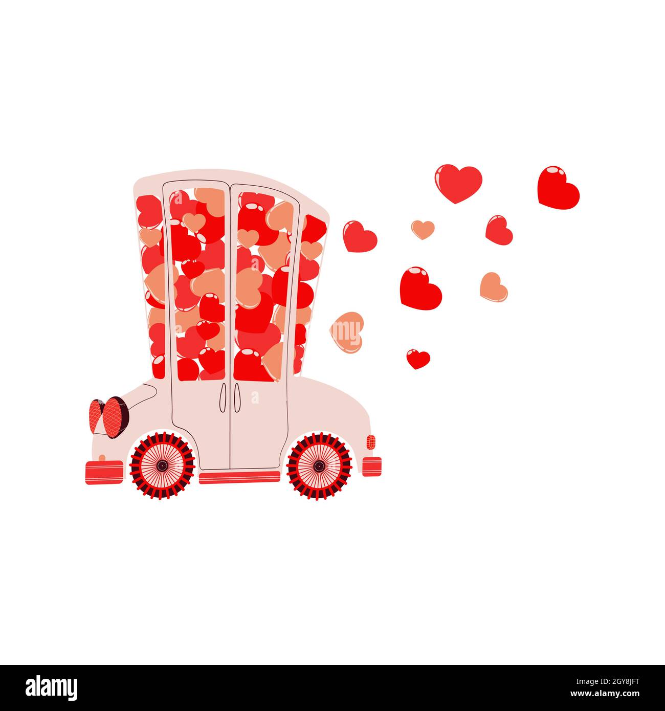 Vector hand drawn illustration of cute car with pink and red hearts for ...