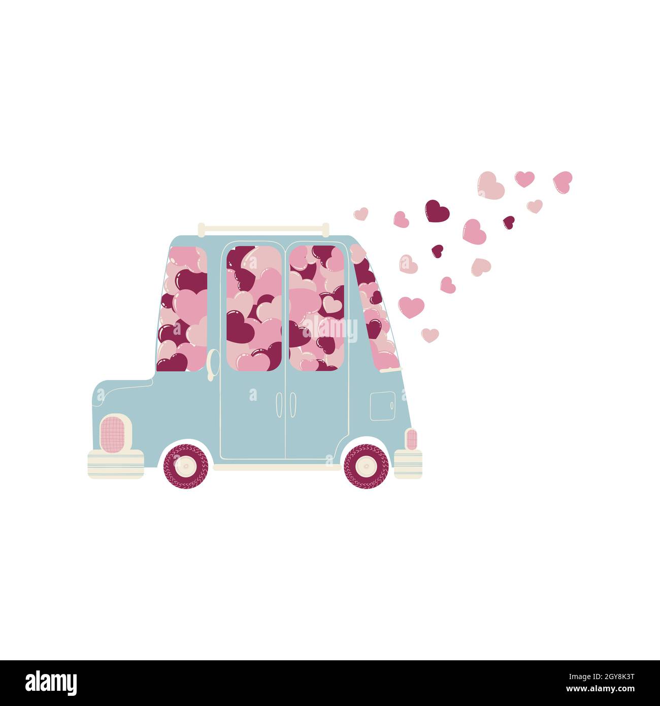 Vector hand drawn illustration of cute car with pink and red hearts for ...