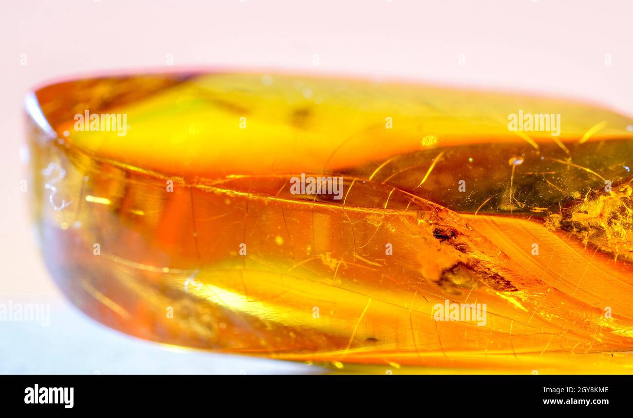 Closeup shot of amber stone, yellow transparent fossil resin with ...