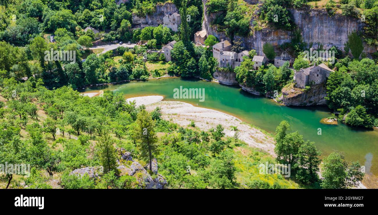 Small troglodytic french village of Castelbouc in the Gorges du Tarn ...