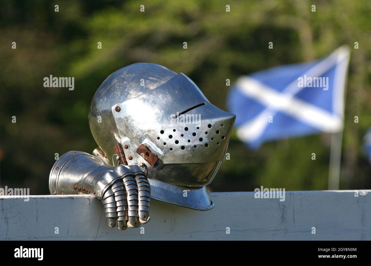 Knight Helmet and glove With Flag of Scotland Stock Photo - Alamy