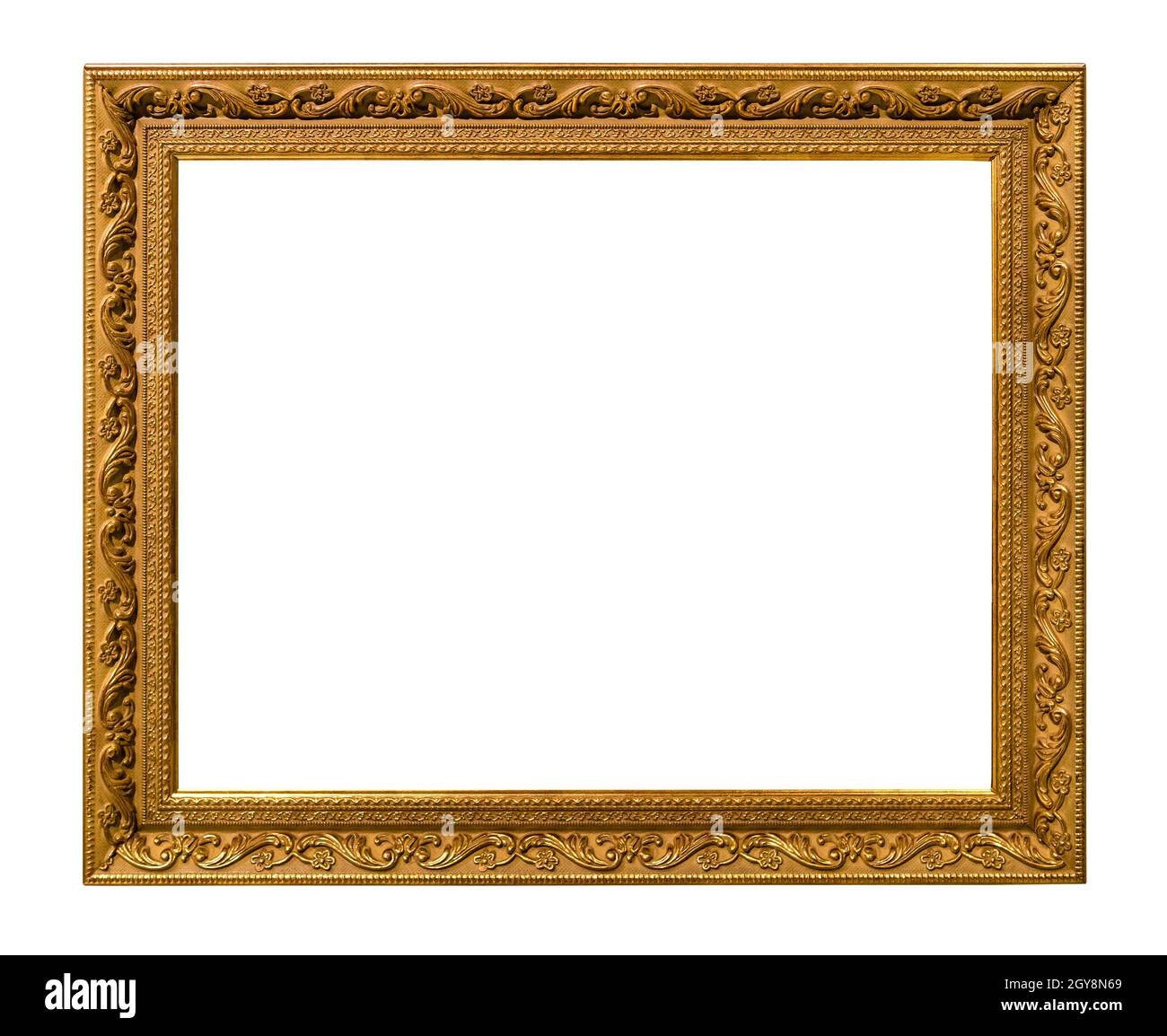 horizontal old carved golden wooden picture frame cutout on white ...