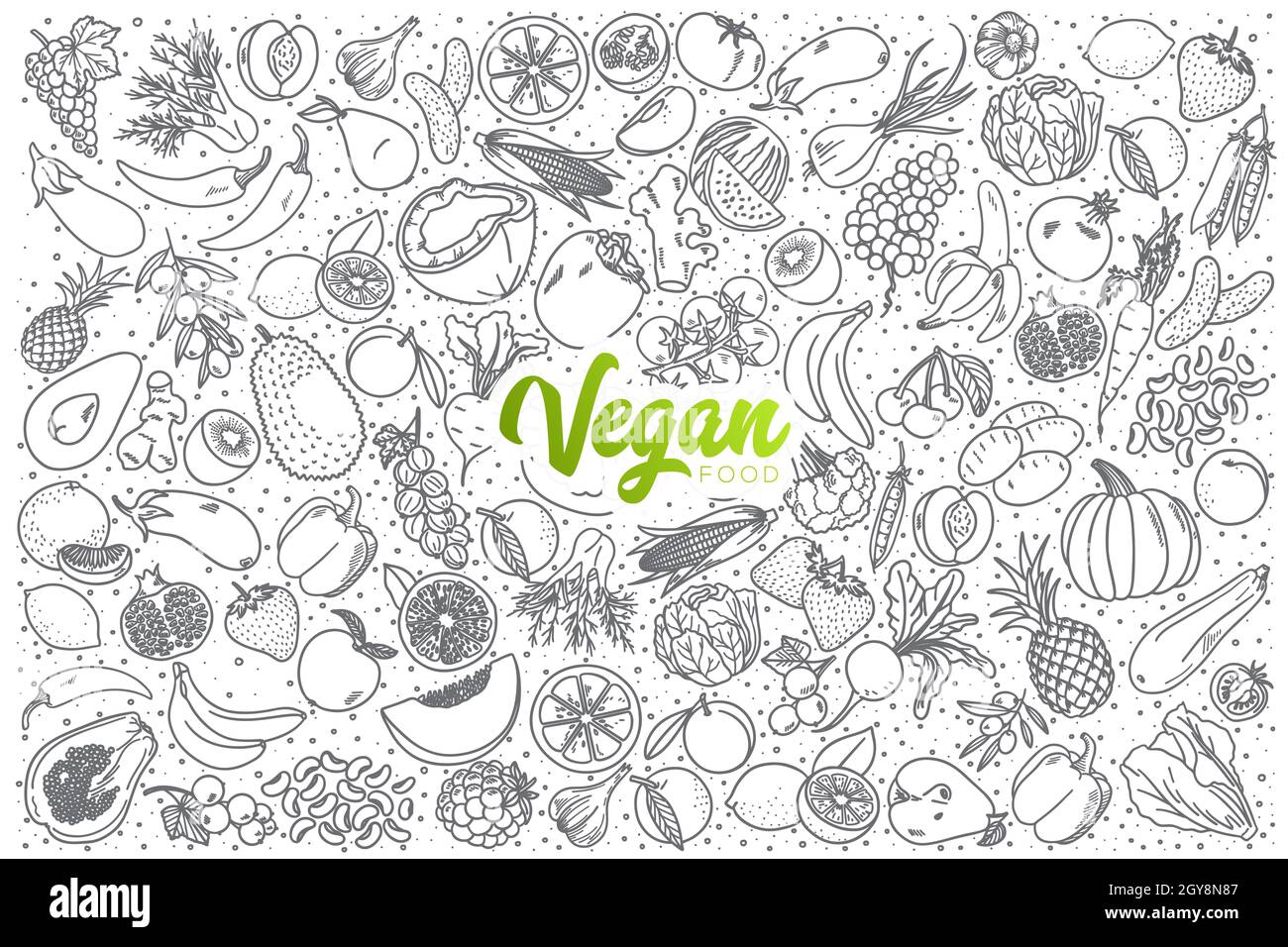 Hand drawn vegan food doodle set with green lettering in Stock Photo ...