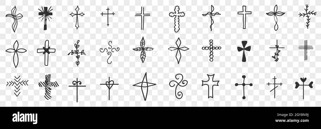 Crosses of various shapes doodle set. Collection of hand drawn ...