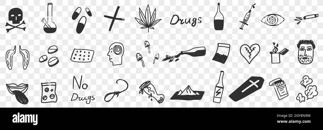Danger of drugs doodle set. Collection of hand drawn drugs pills lungs ...