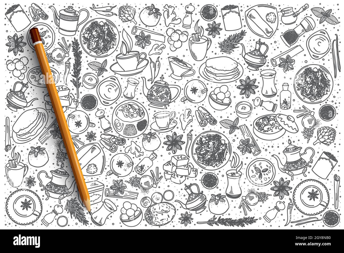Hand drawn Indian food vector doodle set background Stock Photo - Alamy