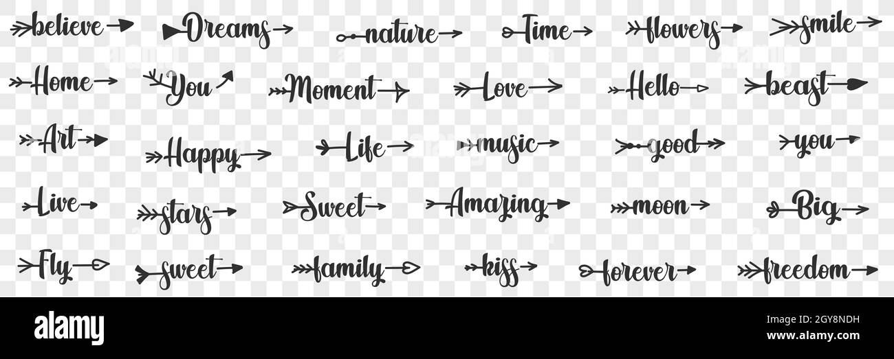 Lettering words with arrows doodle set. Collection of hand drawn ...