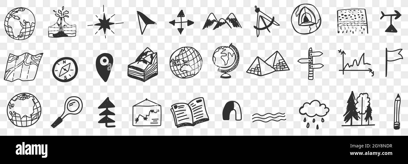 Navigation tools and equipment doodle set. Collection of hand drawn ...