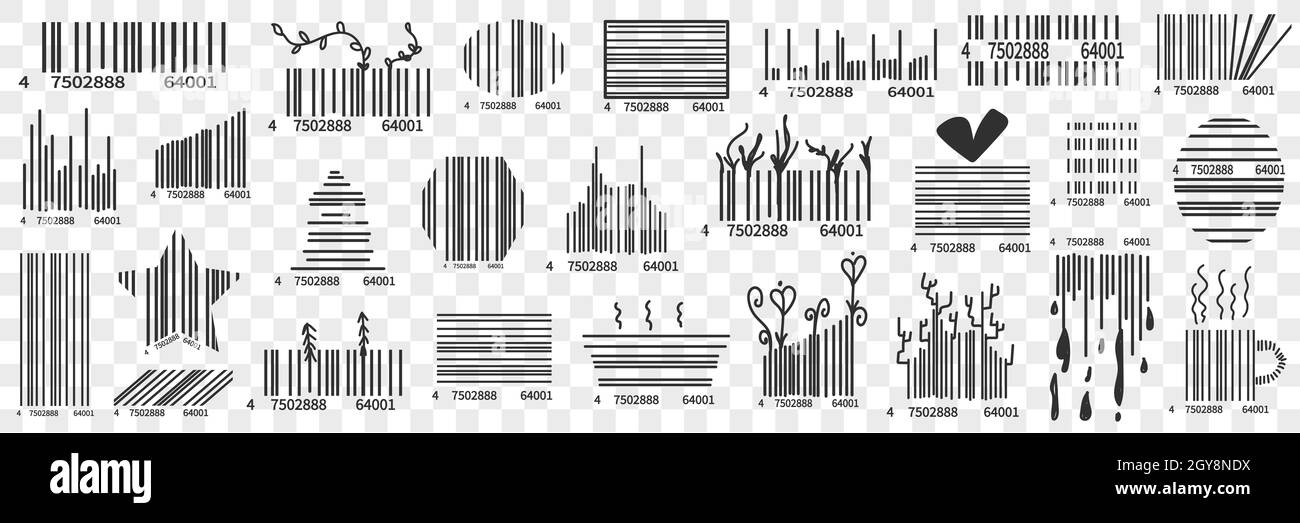 Barcodes on packs doodle set. Collection of hand drawn various barcode ...