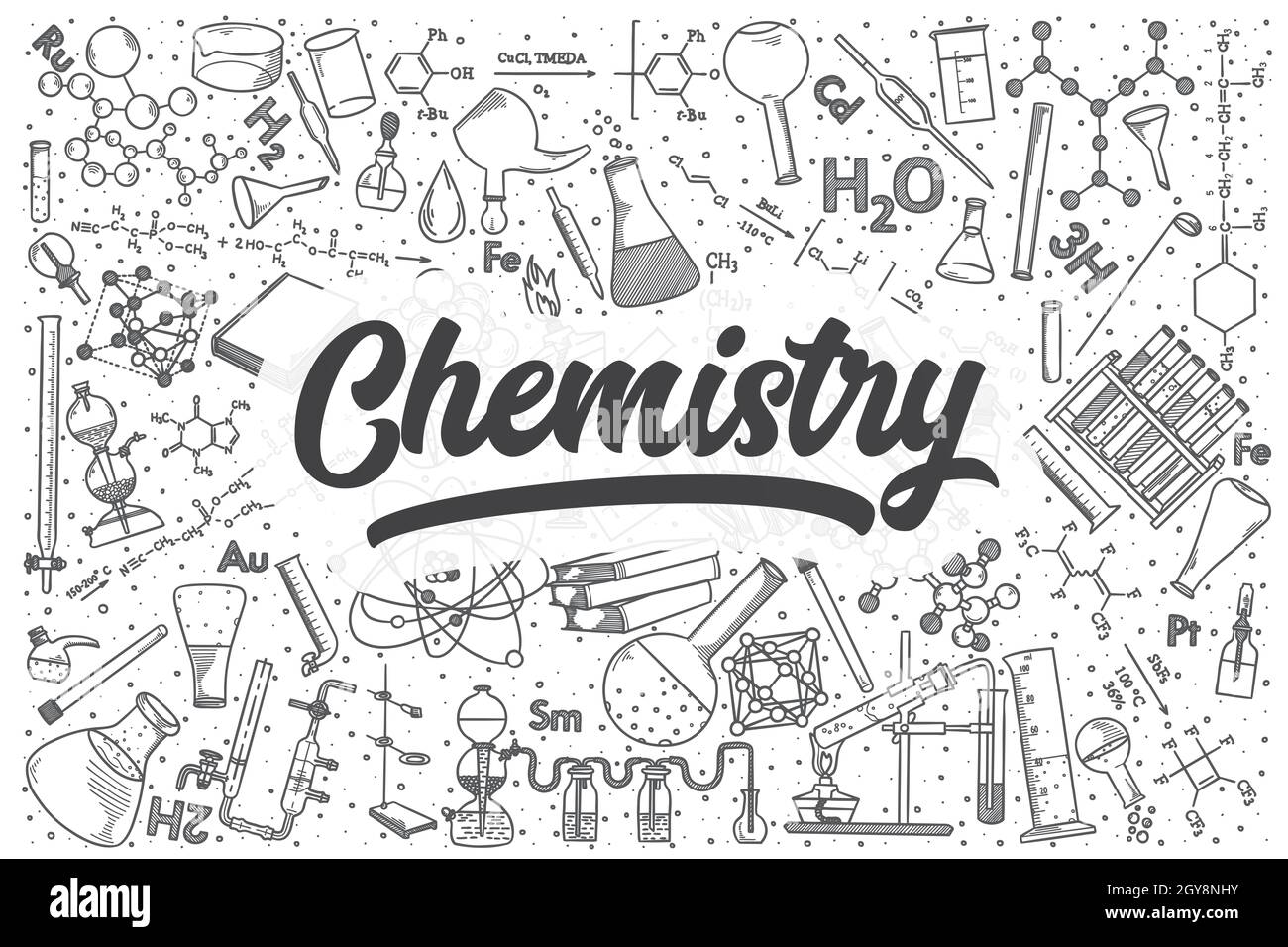 Hand drawn chemistry doodle set. Lettering - Chemistry Stock Photo - Alamy