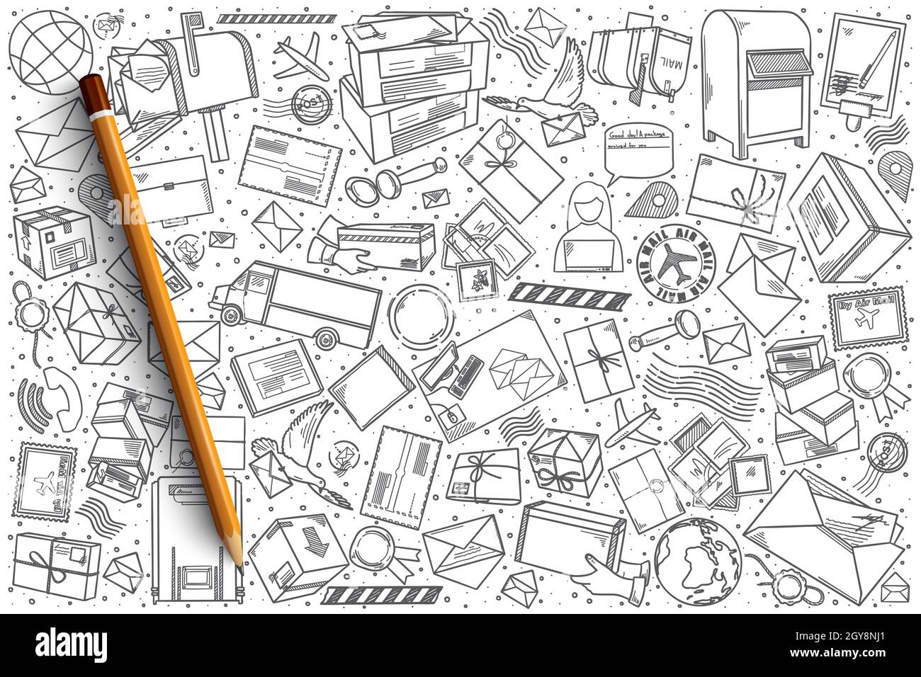 Hand drawn Post office vector doodle set background Stock Photo - Alamy