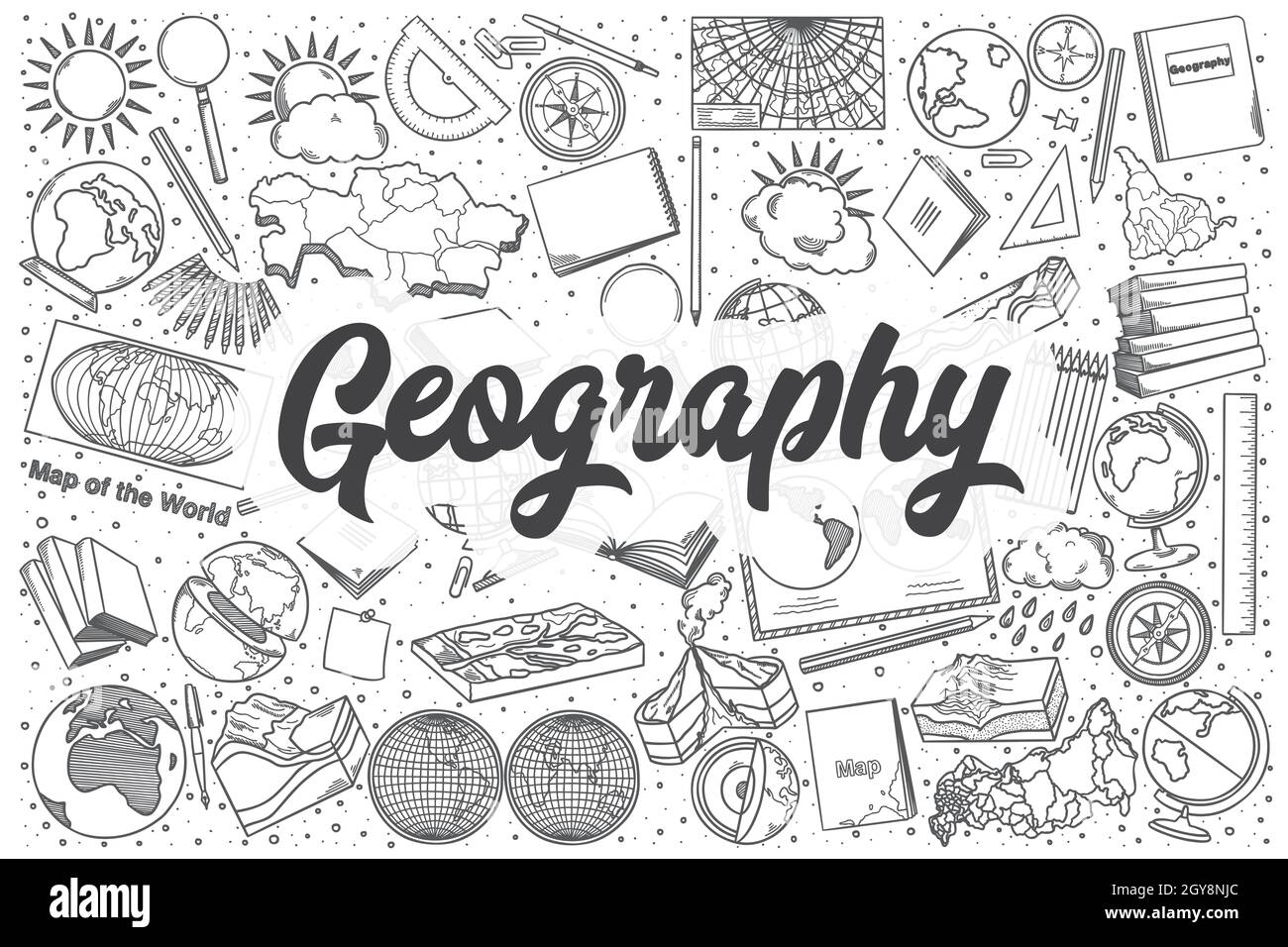 Hand drawn geography doodle set. Lettering - Geography Stock Photo - Alamy Hand drawn geography doodle set. Lettering - Geography Stock Photo - Alamy