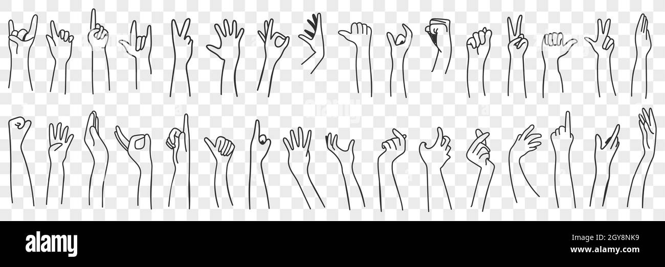 Hand gesture language doodle set. Collection of hand drawn human hands ...