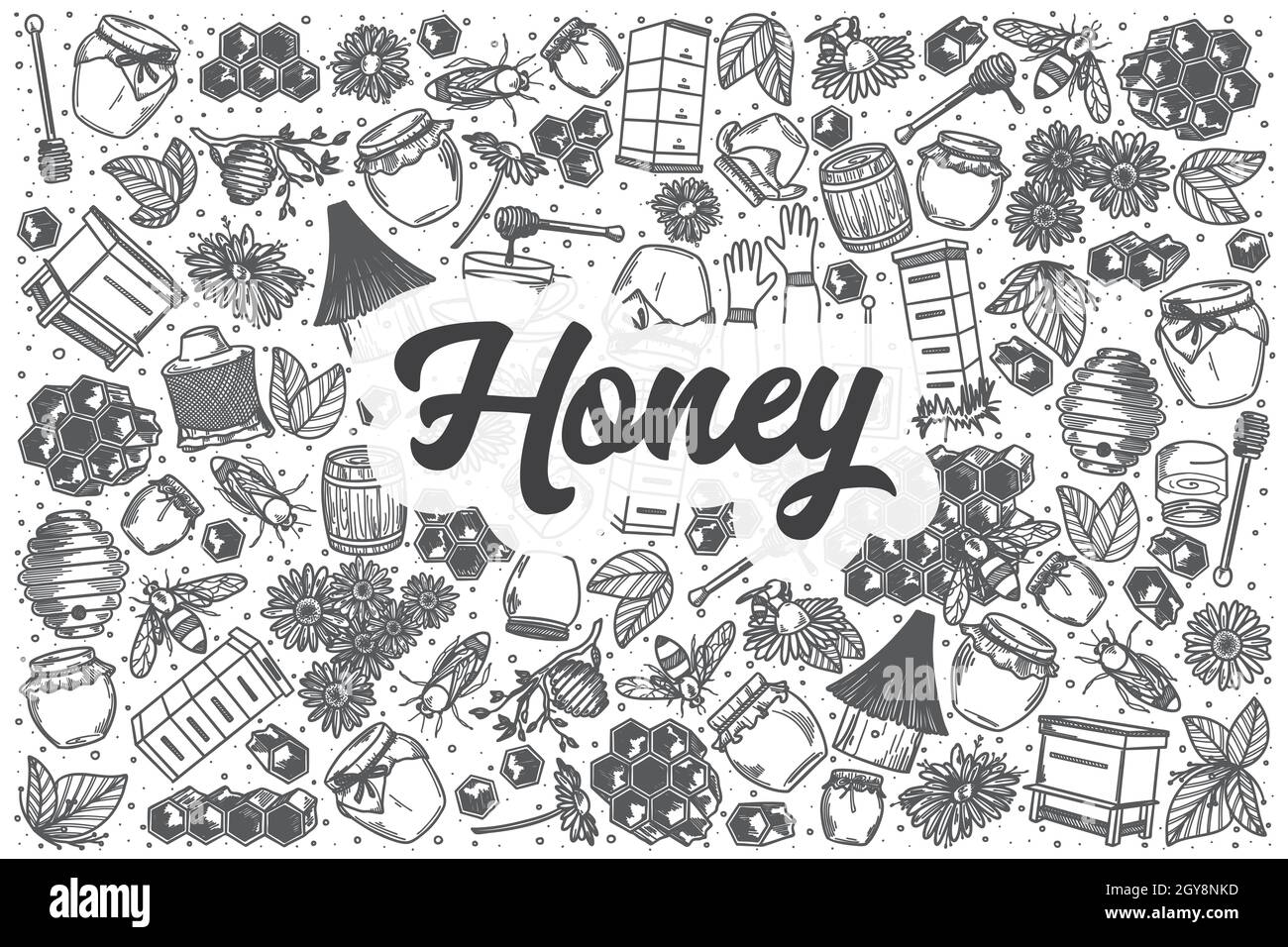 Hand drawn honey doodle set. Lettering - Honey Stock Photo - Alamy