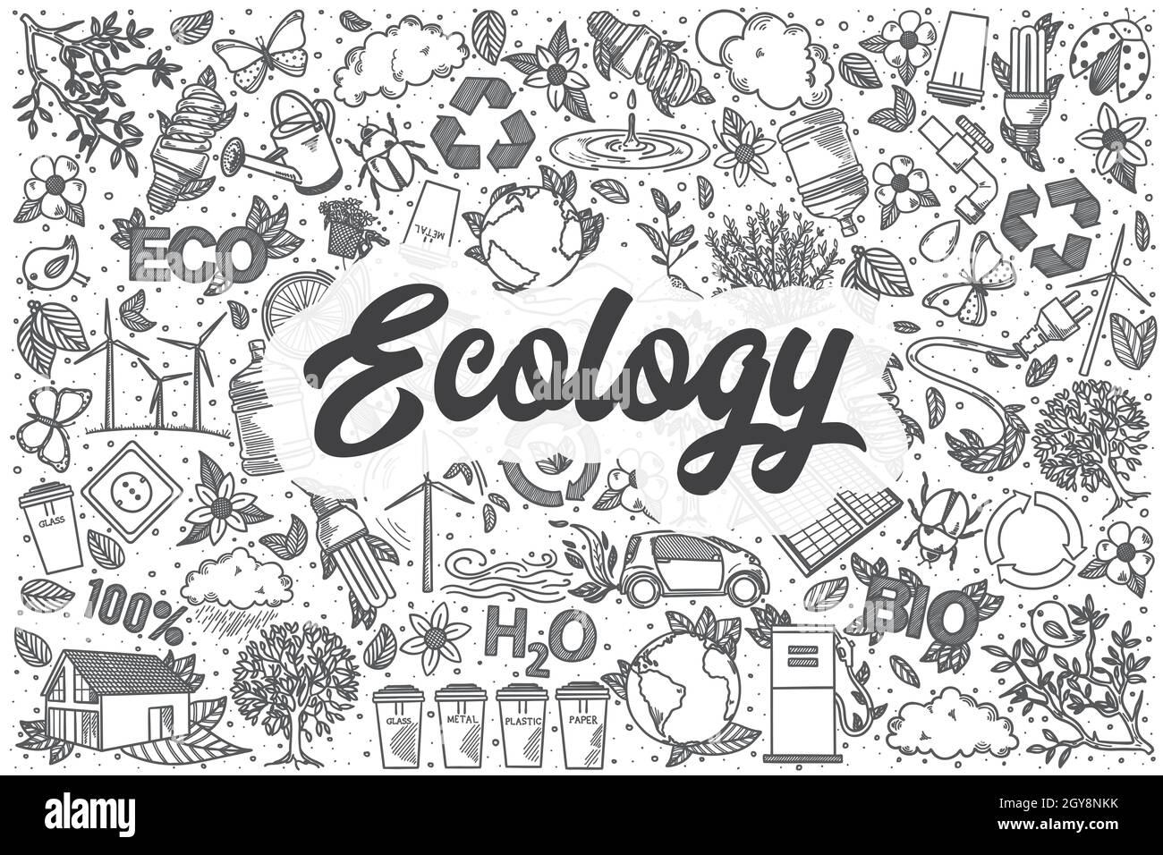 Hand drawn ecology doodle set. Lettering - Ecology Stock Photo - Alamy