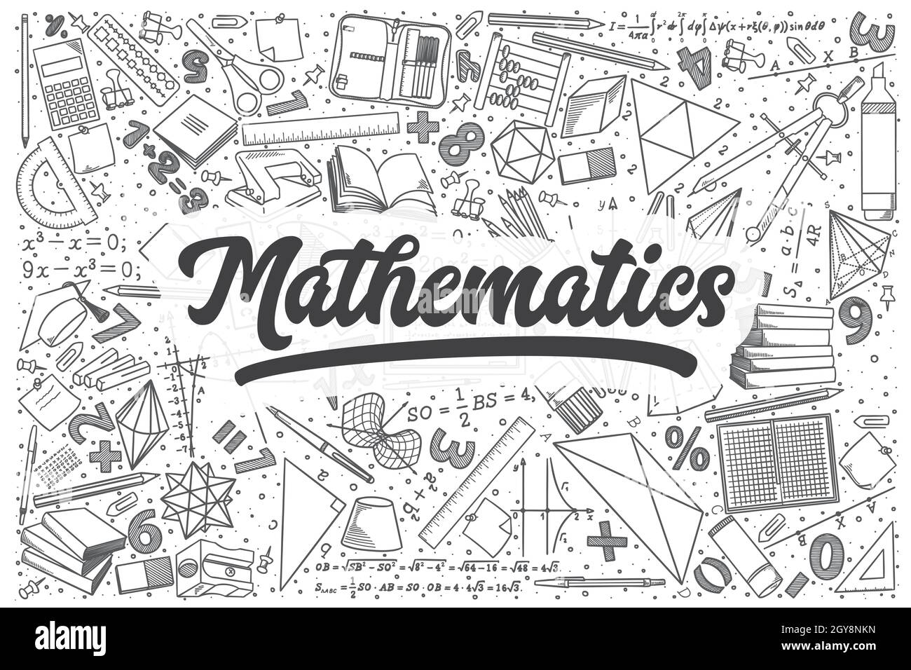 Hand drawn mathematics doodle set. Lettering - Mathematics Stock Photo ...
