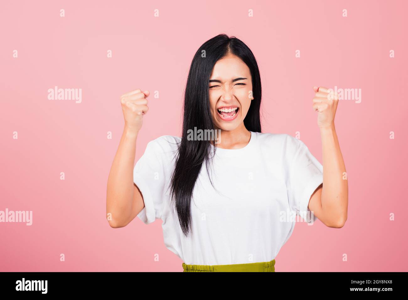 Asian happy portrait beautiful cute young woman standing angry and mad ...