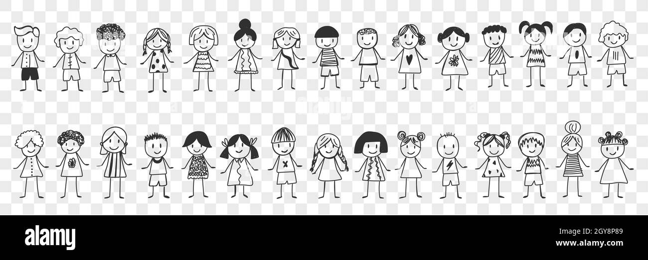 Happy boys and girls doodle set. Collection of hand drawn various ...