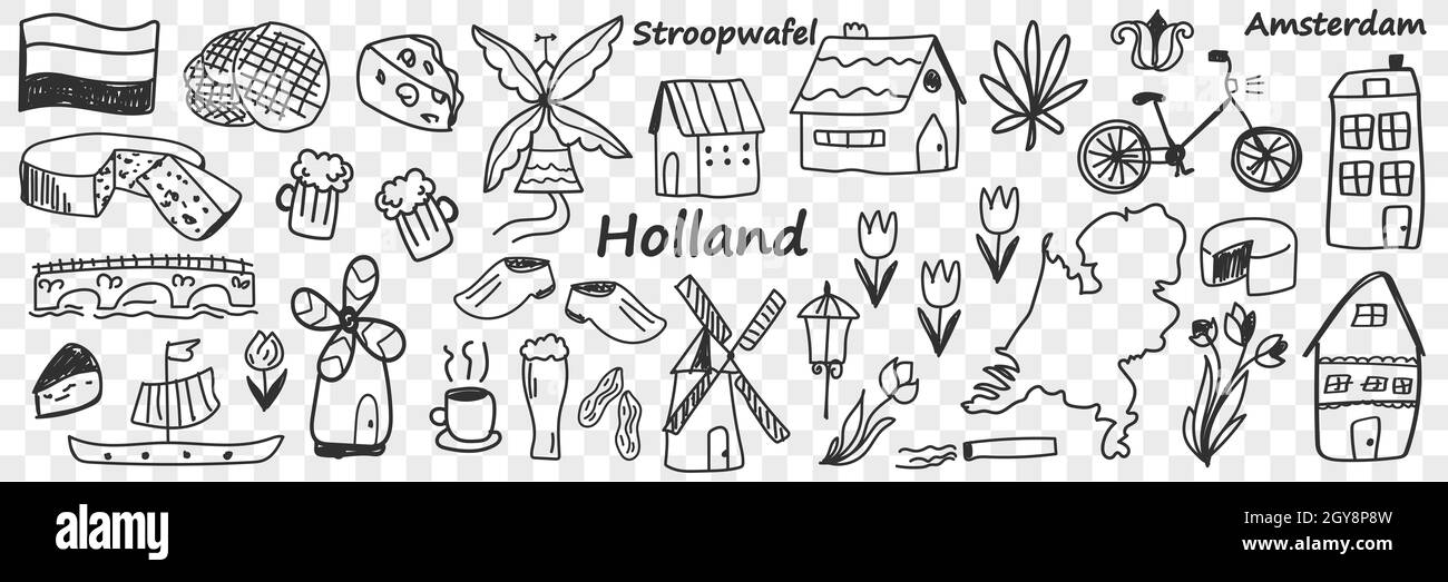 Dutch traditional symbols doodle set. Collection of hand drawn various ...