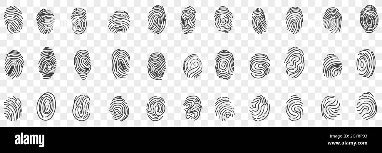 Fingerprints personal identity doodle set. Collection of hand drawn ...