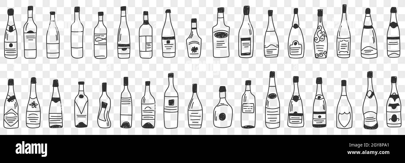 Bottles for alcohol doodle set. Collection of hand drawn various shapes ...