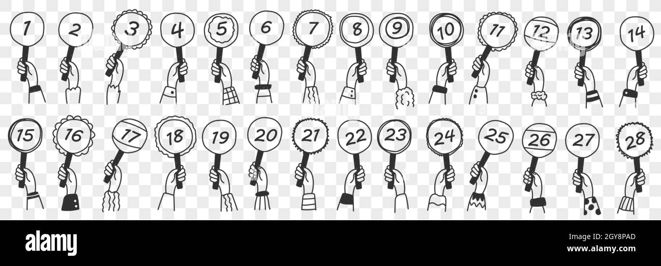 Human hands with number signs doodle set. Collection of hand drawn ...