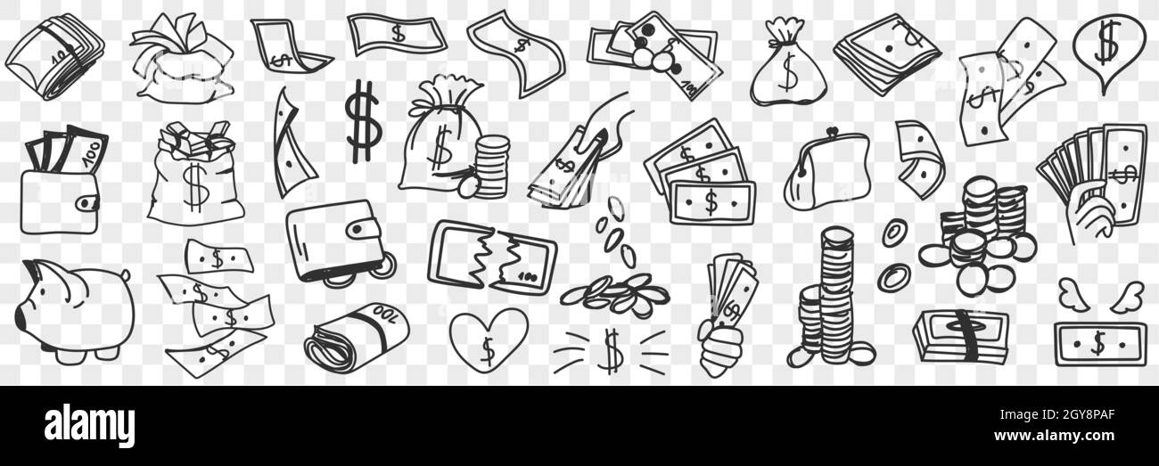 Money and finance doodle set. Collection of hand drawn cash savings ...