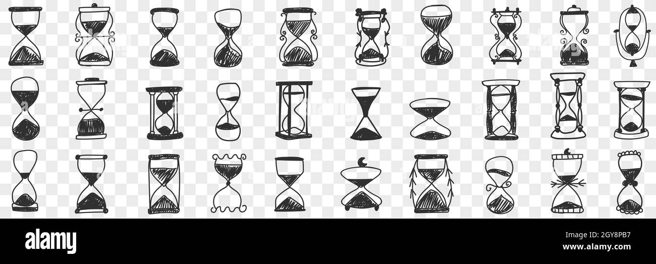 Hourglasses In Rows Doodle Set Collection Of Hand Drawn Various Hourglasses With Sand Symbol Of