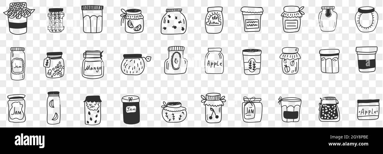 Jars and containers for food doodle set. Collection of hand drawn ...