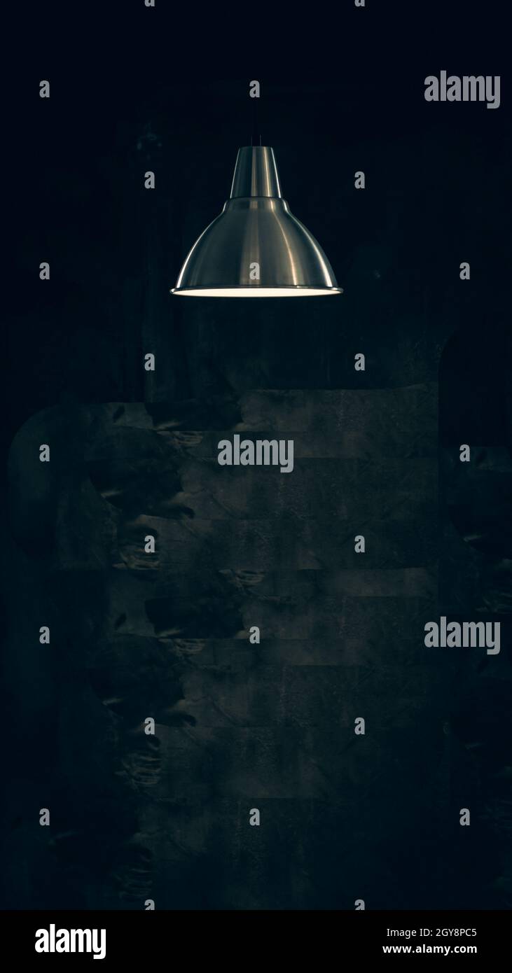 Modern style decoration metal lamps and lampshades hanging against dark ...