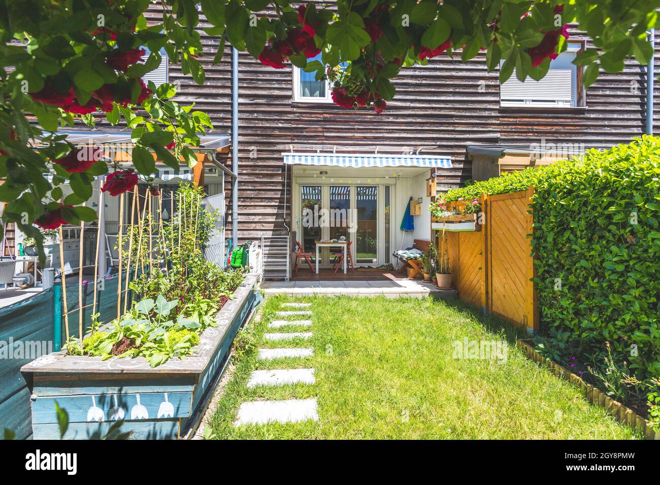 Cozy little green garden with raised bed and veranda, summer time Stock ...