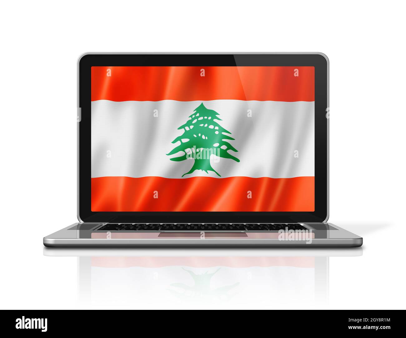 Lebanon flag on laptop screen isolated on white. 3D illustration render ...