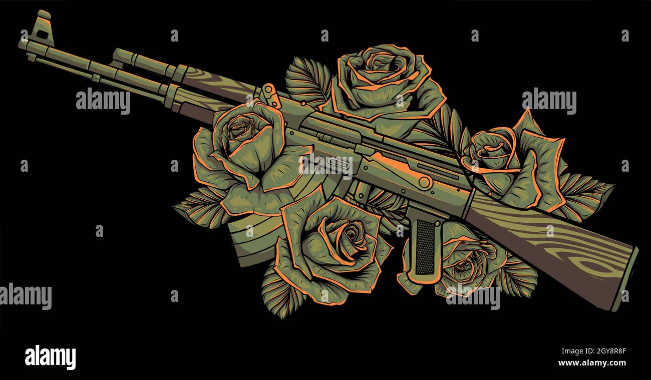Vector Illustration of rifle with roses Stock Photo - Alamy