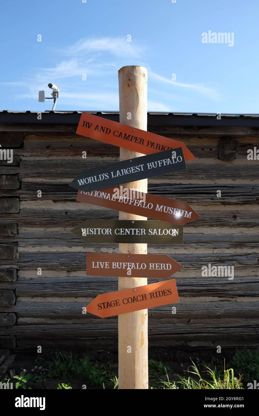 JAMESTOWN, NORTH DAKOTA - 3 OCT 2021: Frontier Town sign post with ...