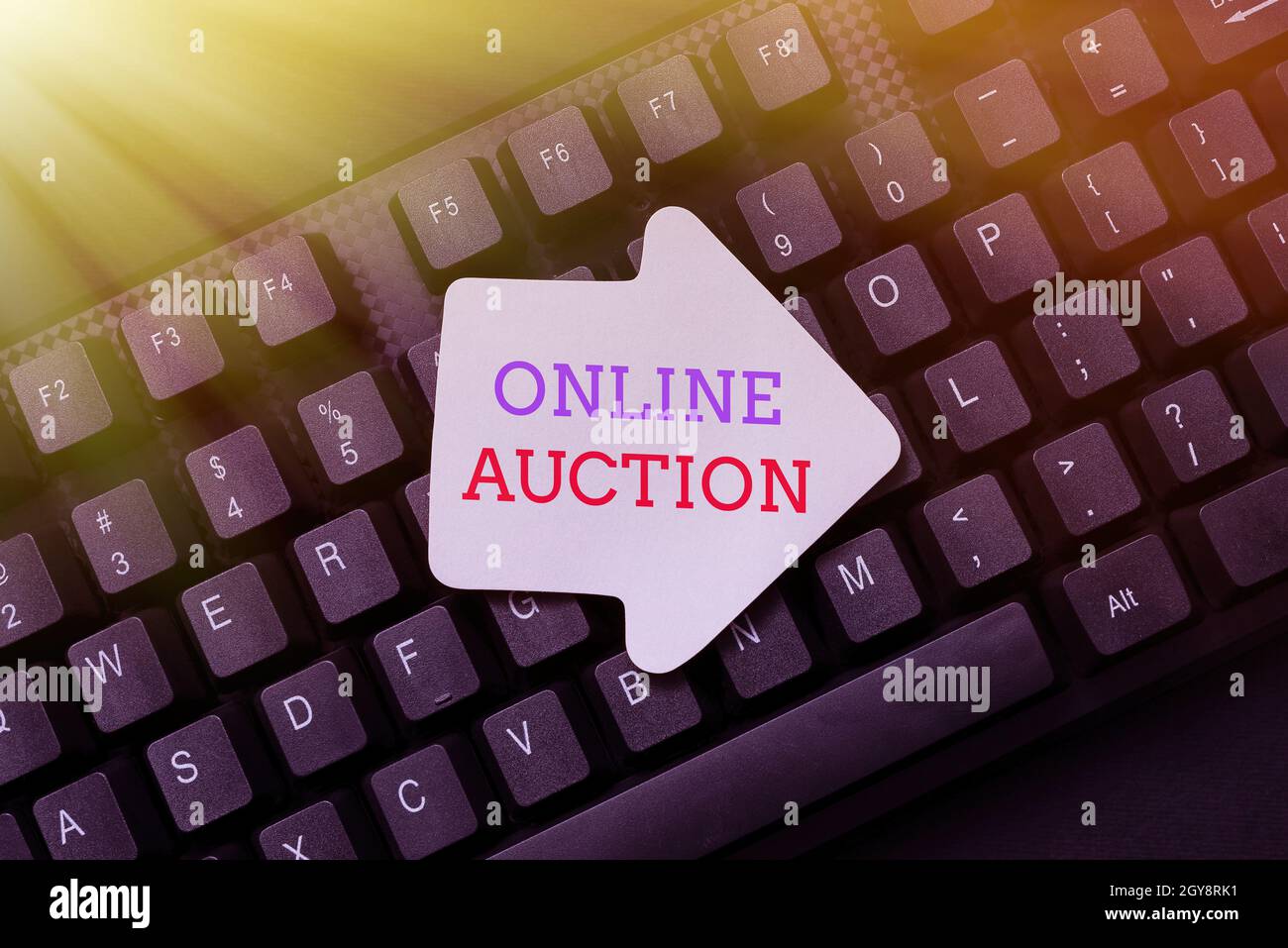 Sign displaying Online Auction, Word for digitized sale event which ...