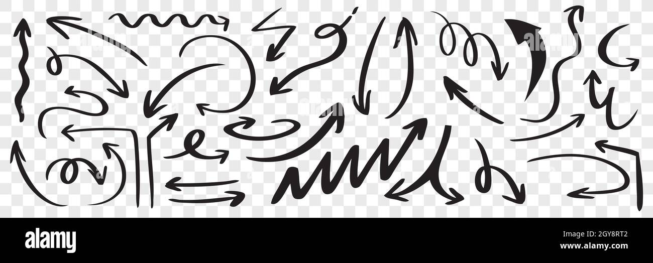 Set of hand drawn black arrows. Doodle curved scattered scribble sketch ...