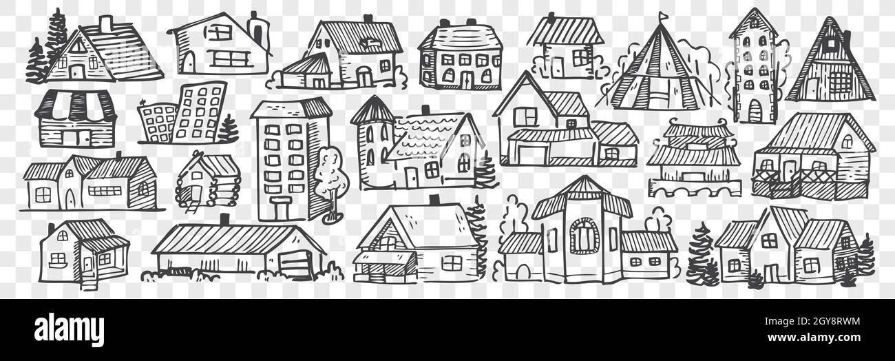 Hand drawn buildings doodle set. Collection of pencil chalk drawing ...
