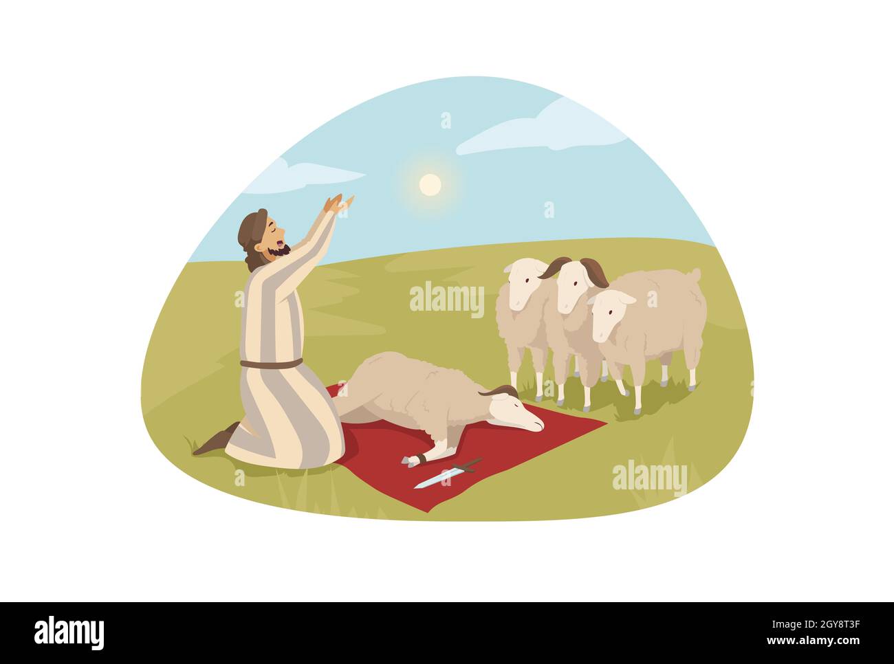 Bible, religion, character, sacrificial offering concept. Young man guy ...