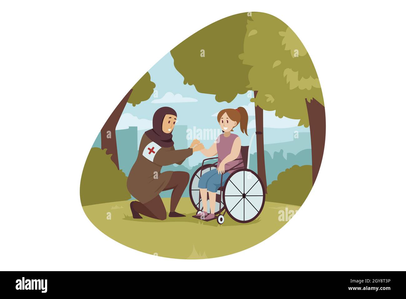Volunteering, medicine, disability, health, care concept. Arabic muslim ...