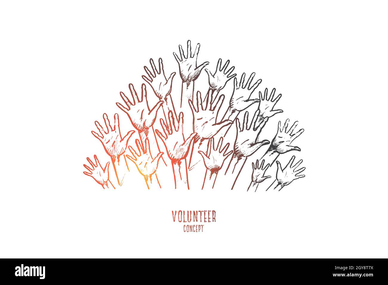 Volunteer concept. Hand drawn hands of group of people volunteers ...
