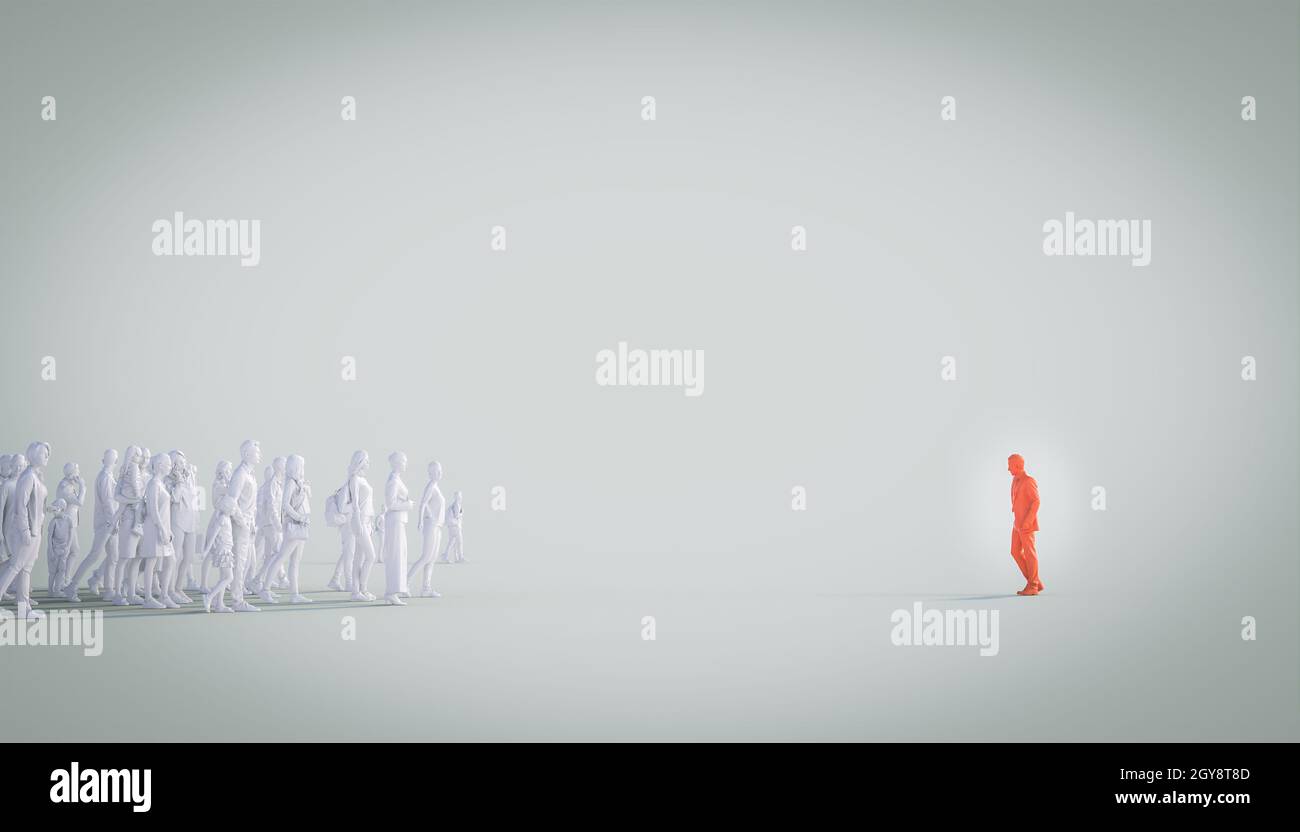 group of white people look at a red man. concept of leader, differences ...