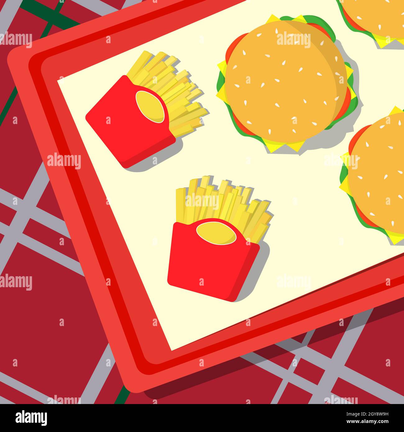 Fast food lying on a tray, checkered tablecloth - Vector illustration ...