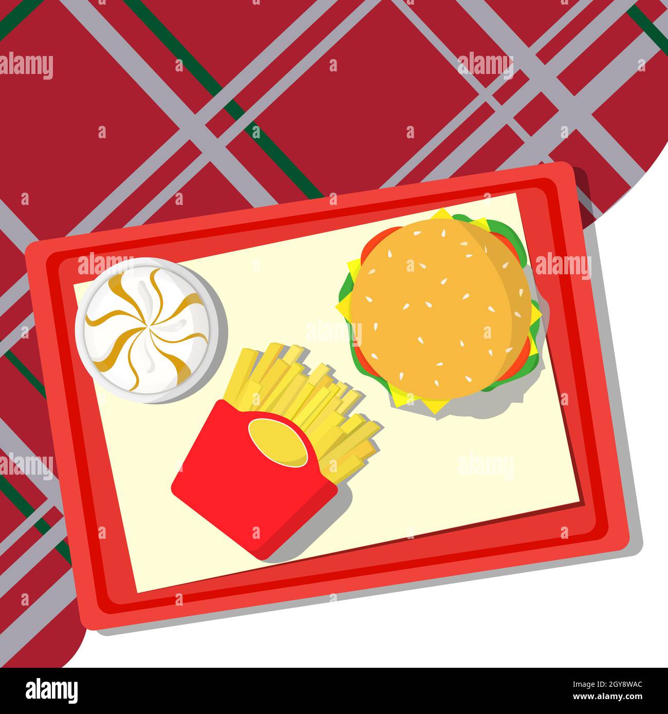 Fast food lying on a tray, checkered tablecloth - Vector illustration ...