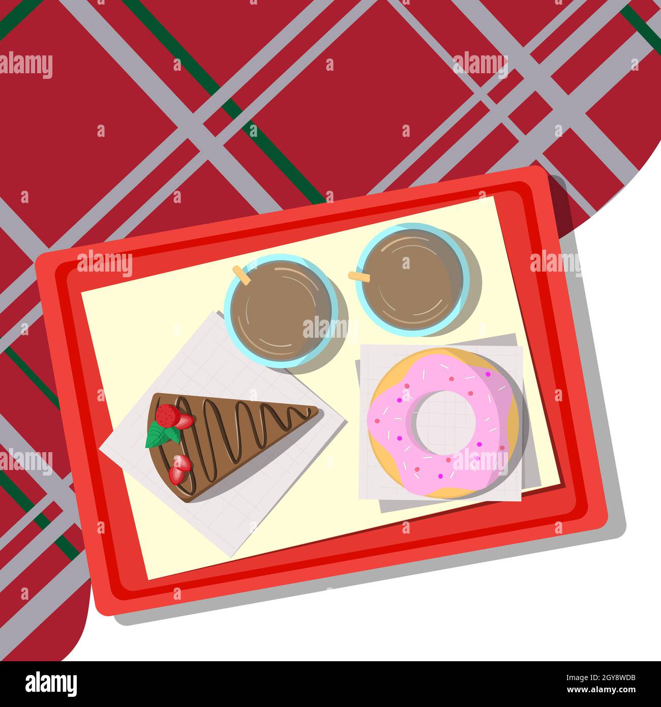 Set of sweets lying on a tray, checkered tablecloth - Vector ...