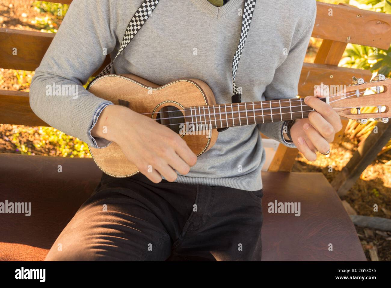 young man playing ukulele sitting on bench outdoors Stock Photo - Alamy