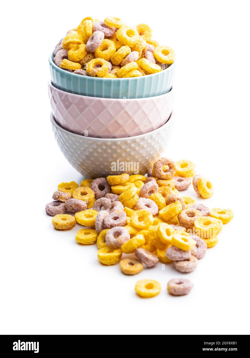 Colorful cereal rings in bowl isolated on white background Stock Photo ...