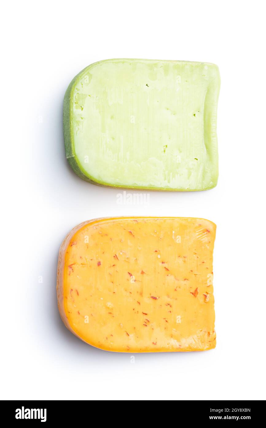 Block of hard cheese with chili and wasabi flavor isolated on white ...