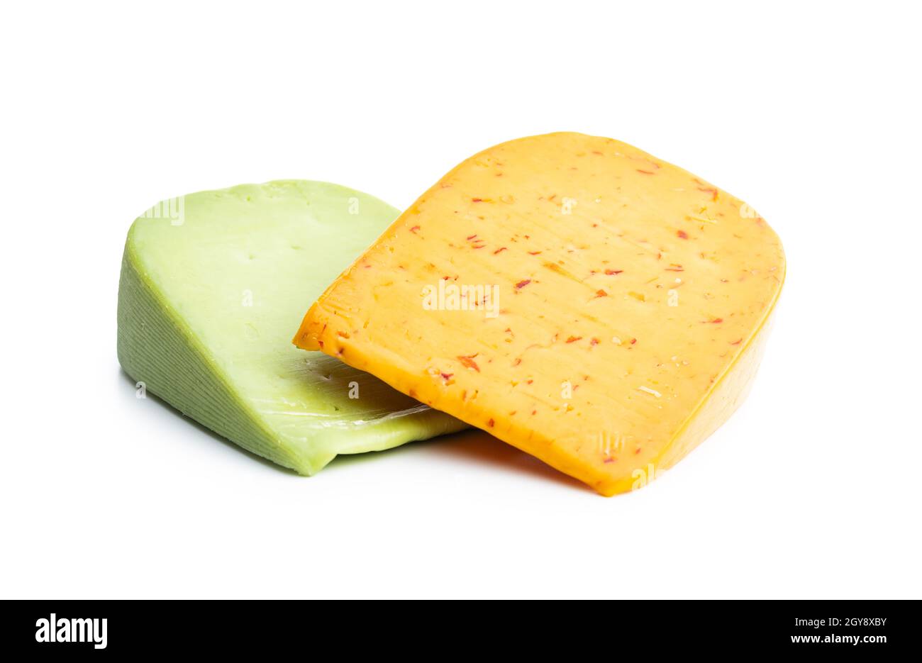 Block of hard cheese with chili and wasabi flavor isolated on white ...