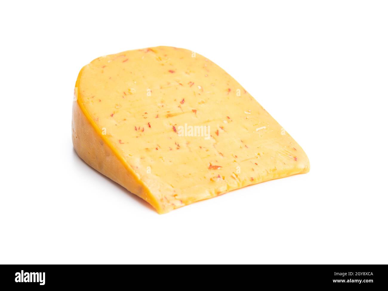 Block of hard cheese with chili flavor isolated on white background ...